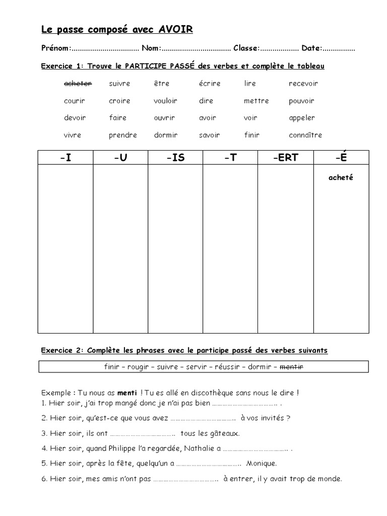Exercices sur le passé composé avec avoir | PDF