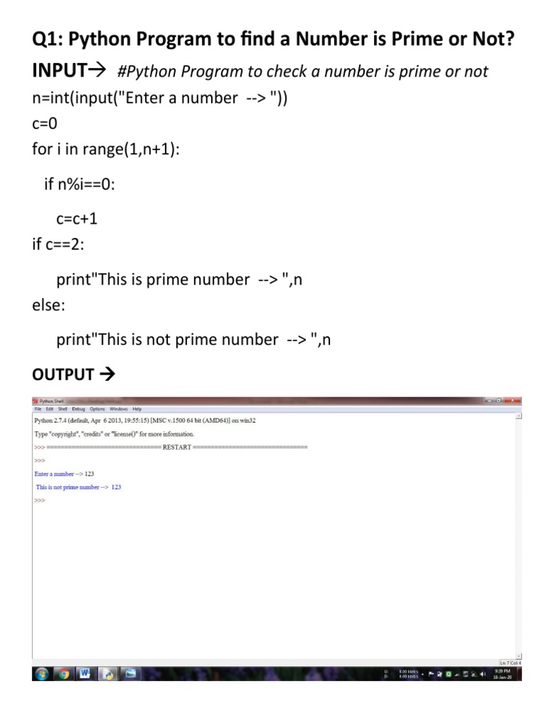Q1: Python Program To Find A Number Is Prime or Not? Input : Output | PDF
