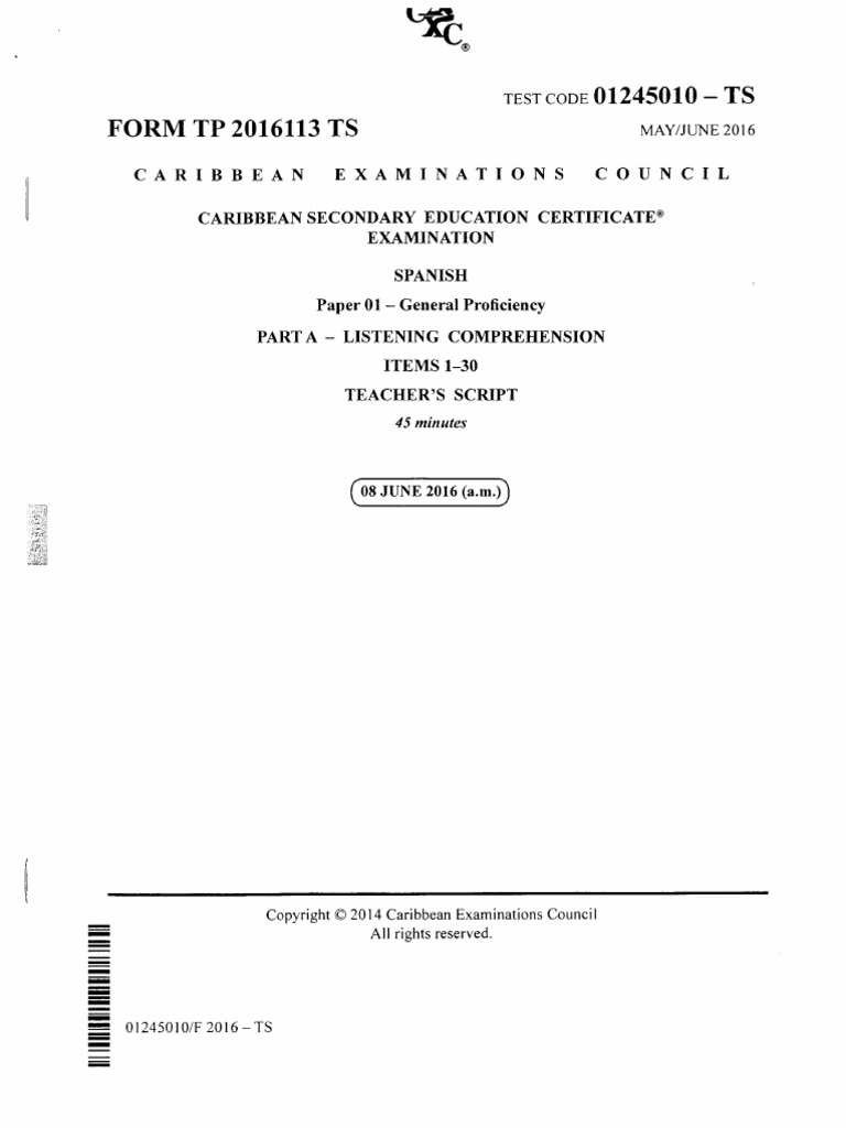 CSEC Spanish June 2016 P1 (Teacher - S Script) | PDF | Tests | Linguistics