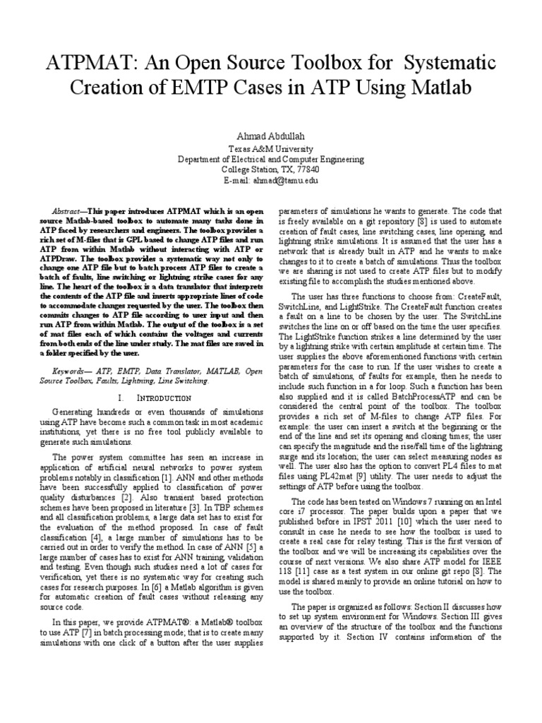 ATPMAT: An Open Source Toolbox For Systematic Creation of EMTP Cases in ATP Using Matlab | PDF ...
