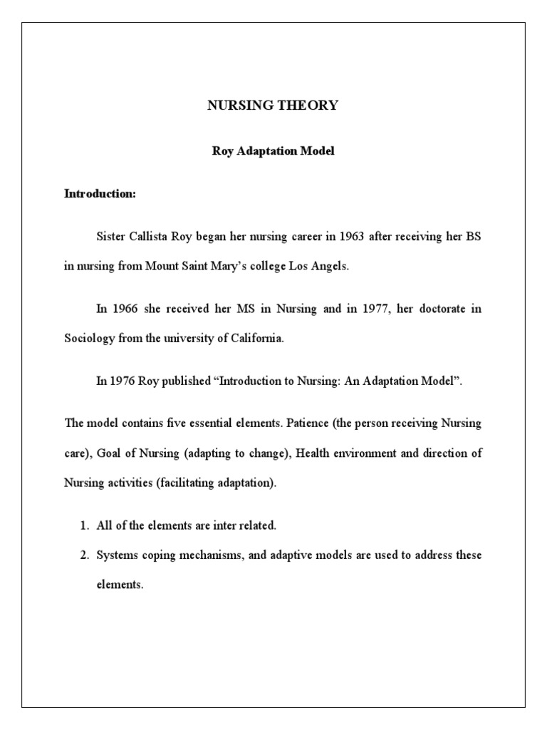 Nursing Theory: Roy Adaptation Model | PDF | Self | Behavior