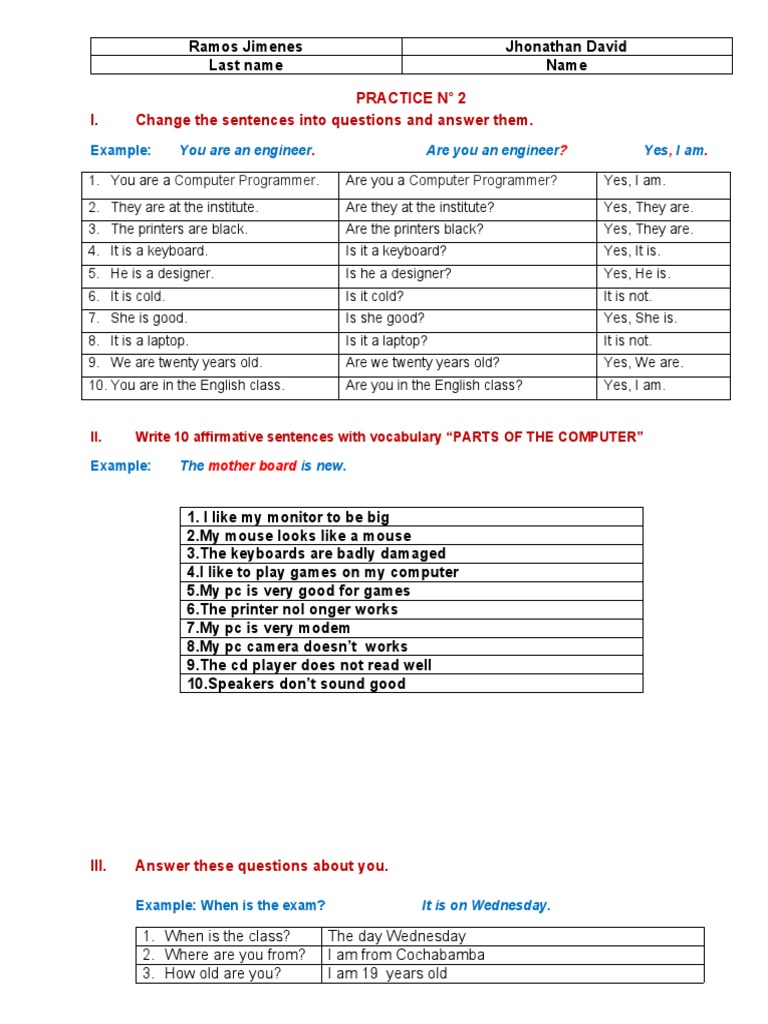 Practice #2 I. Change The Sentences Into Questions and Answer Them | PDF