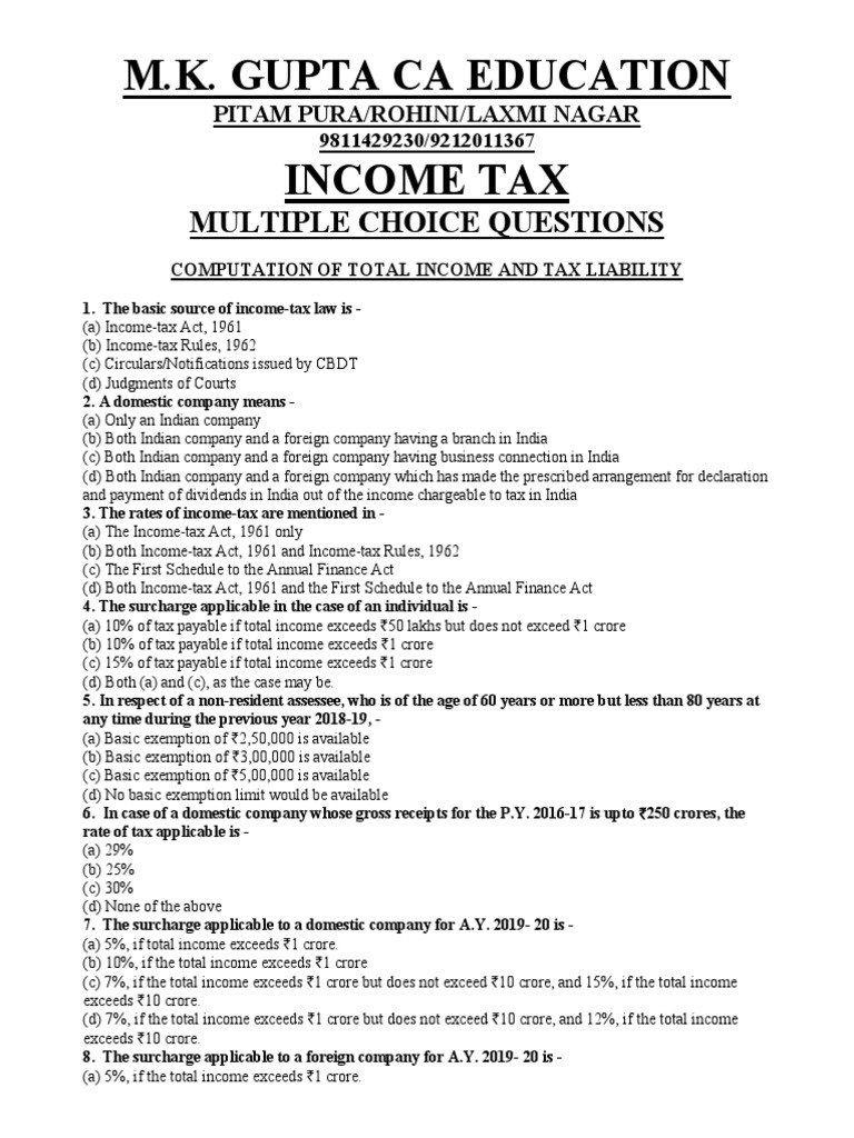 Income Tax MCQs for Total Income Calculation | PDF | Taxation | Public ...