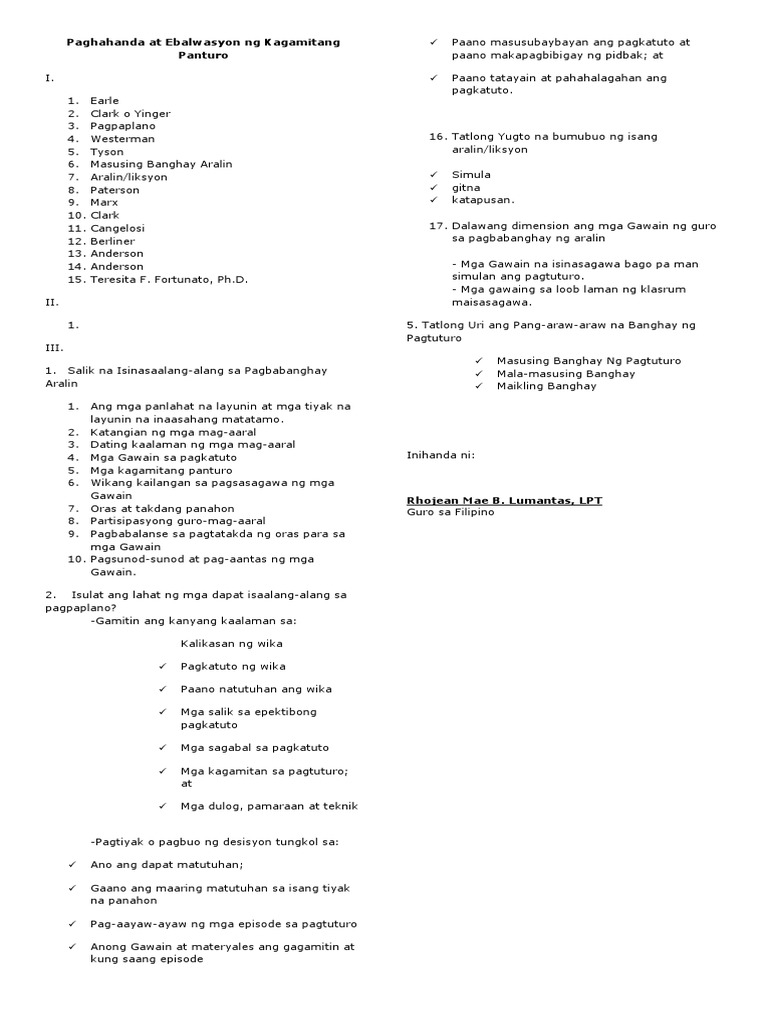 Paghahanda at Ebalwasyon Susing Sagot | PDF