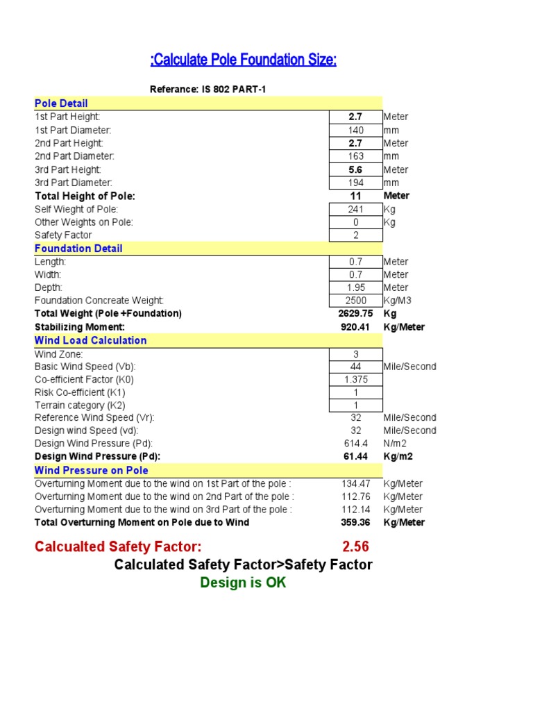 calculate Pole Foundation Size:: Calculated Safety Factor Safety Factor ...