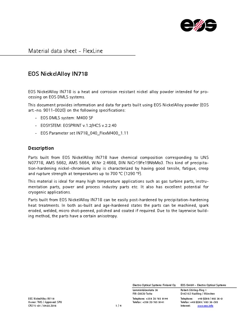 EOS IN718 Material Sheet | PDF | Ultimate Tensile Strength | Heat Treating
