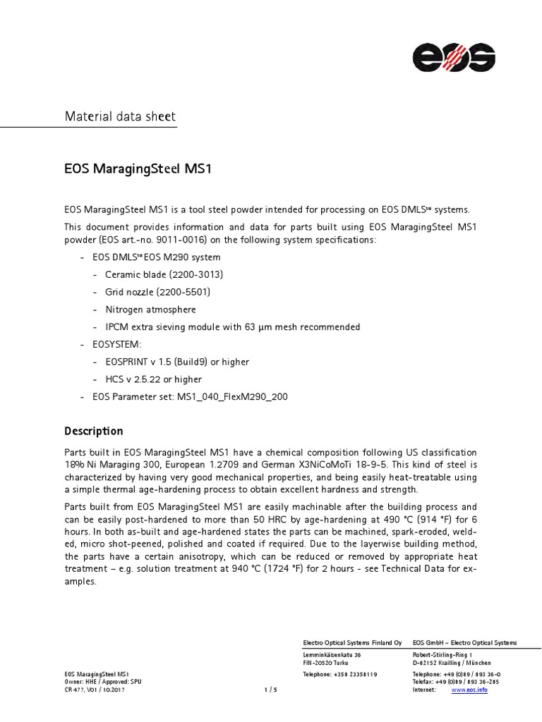 Material Data Sheet: Eos Maragingsteel Ms1 | PDF | Surface Roughness ...