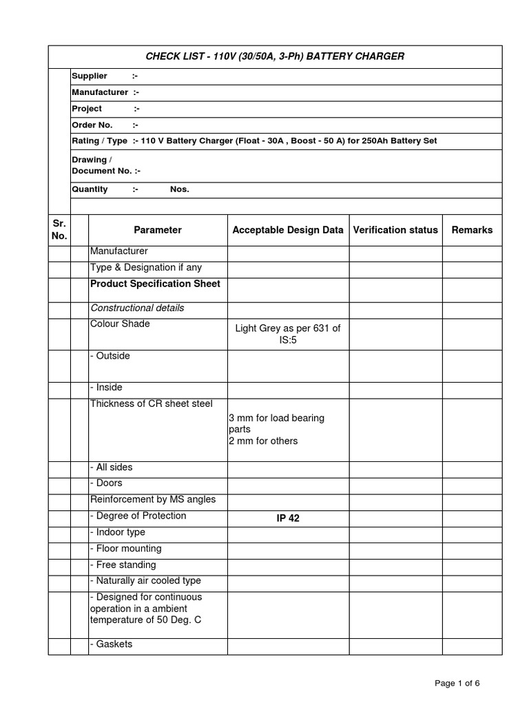 Checklist for Verification of Technical Specifications and Design Data ...