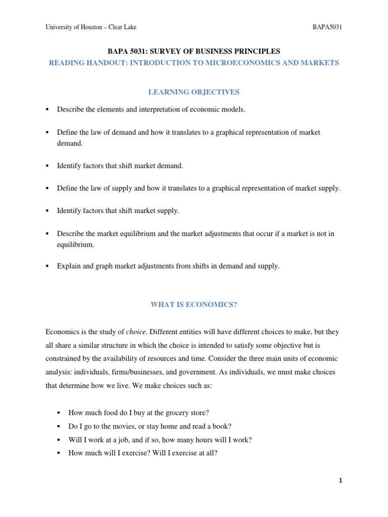 Reading Handout: Introduction To Microeconomics and Markets: Bapa 5031 ...