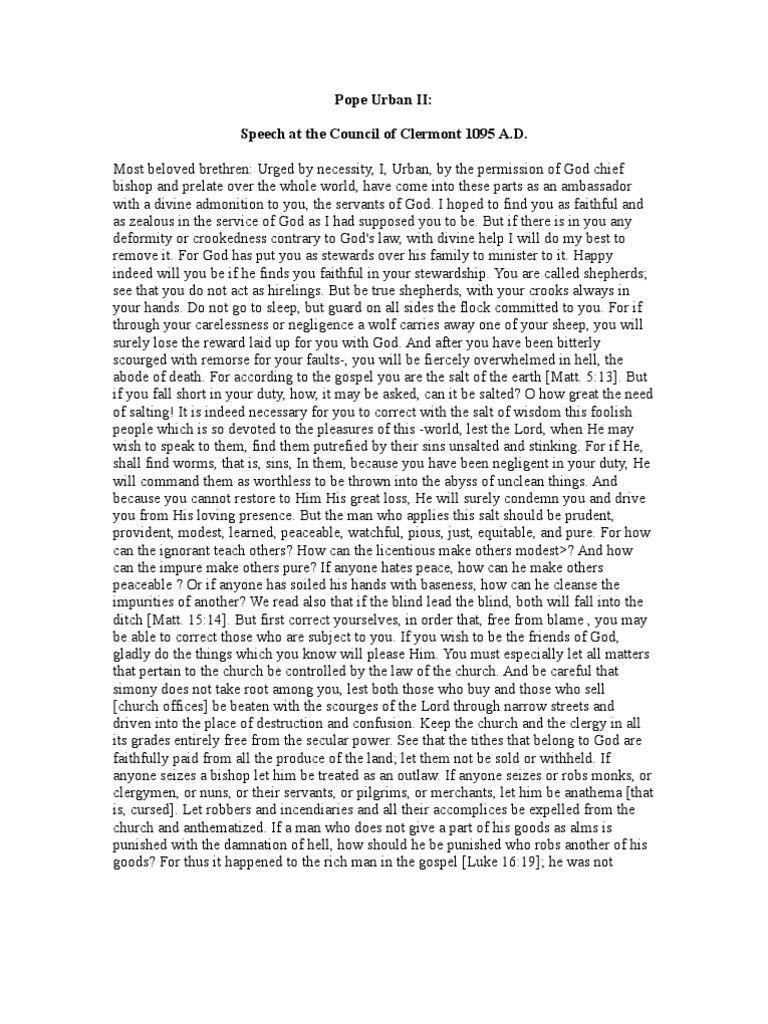 Pope Urban II: Speech at The Council of Clermont 1095 A.D | PDF ...