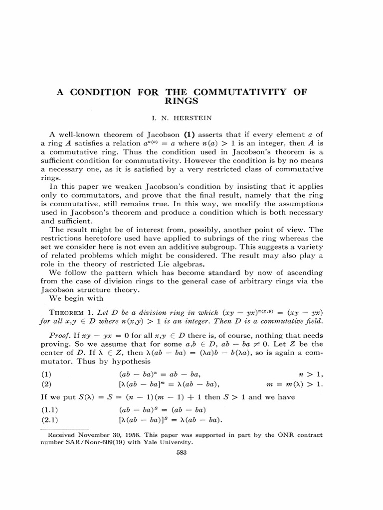 A Condition For The Commutativity Of Rings Inh Pdf Ring