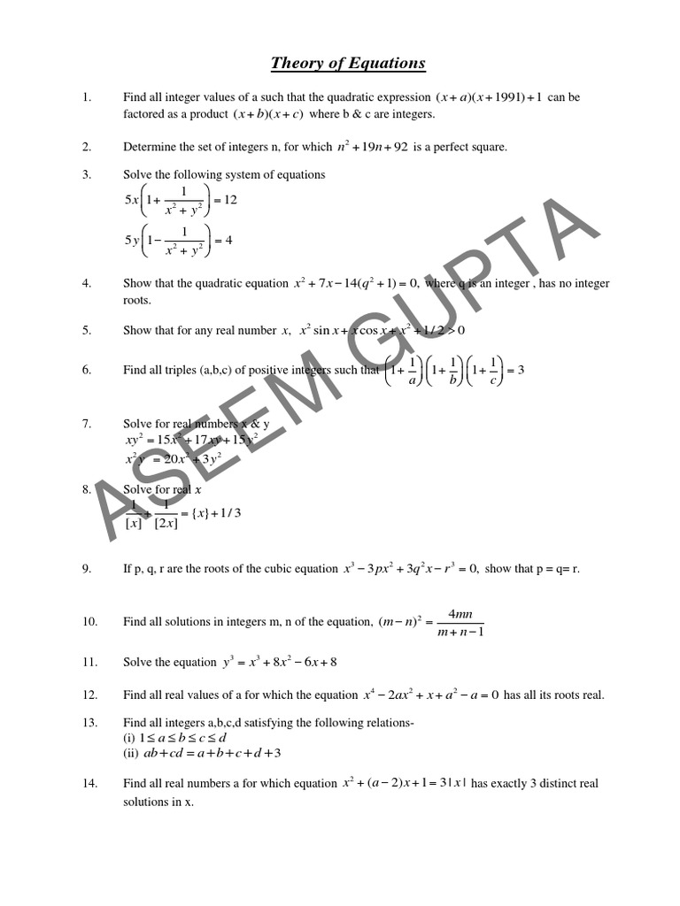 Theory of Equations - 20 March 2020 | PDF | Real Number | Equations