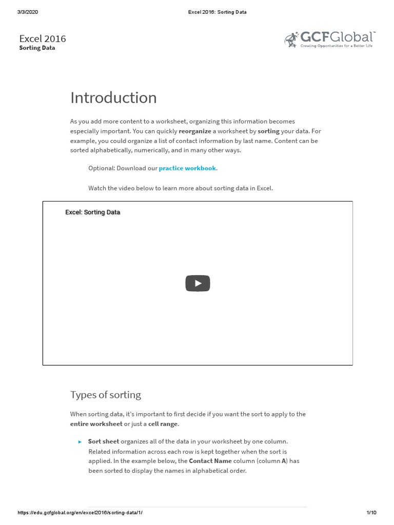 Excel 2016 - Sorting Data PDF | PDF | Worksheet | Microsoft Excel