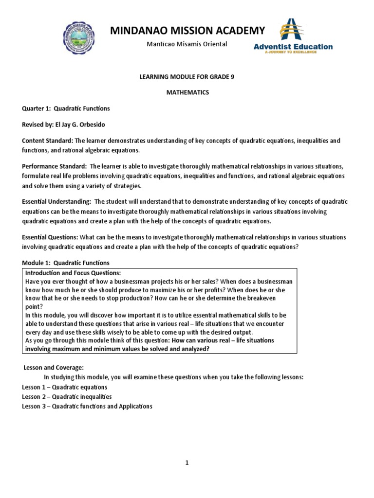 Grade 9 Quadratic Functions Module | PDF | Quadratic Equation | Equations