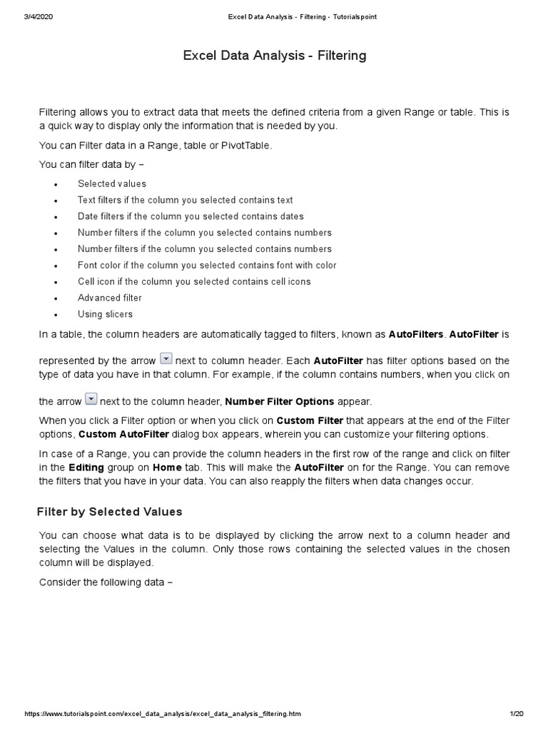 Excel Data Analysis - Filtering - Tutorialspoint PDF | PDF | Microsoft Excel | Computer Data
