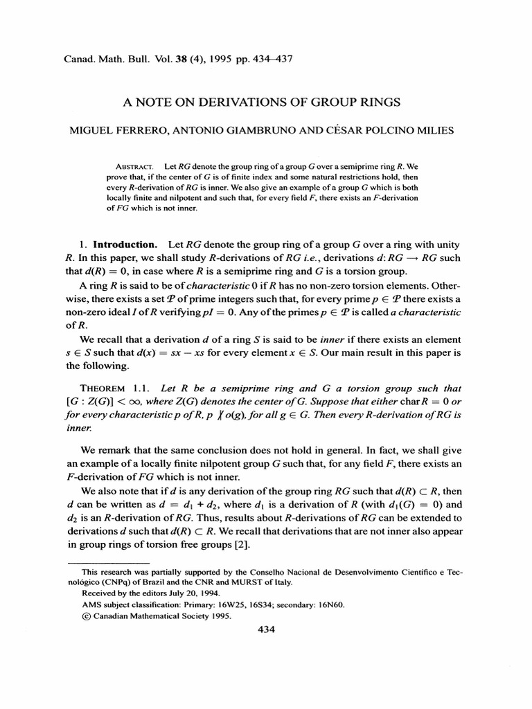 A Note On Derivations of Group Rings 1995 | PDF | Ring (Mathematics ...