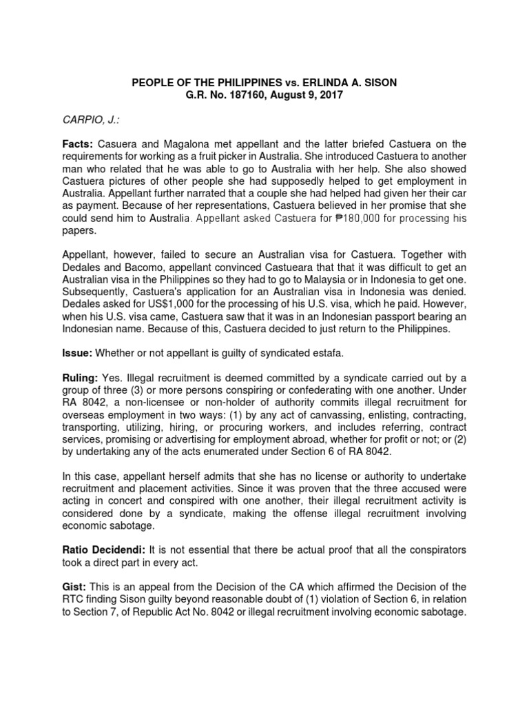 PEOPLE OF THE PHILIPPINES vs. ERLINDA A. SISON | PDF | Travel Visa | Employment