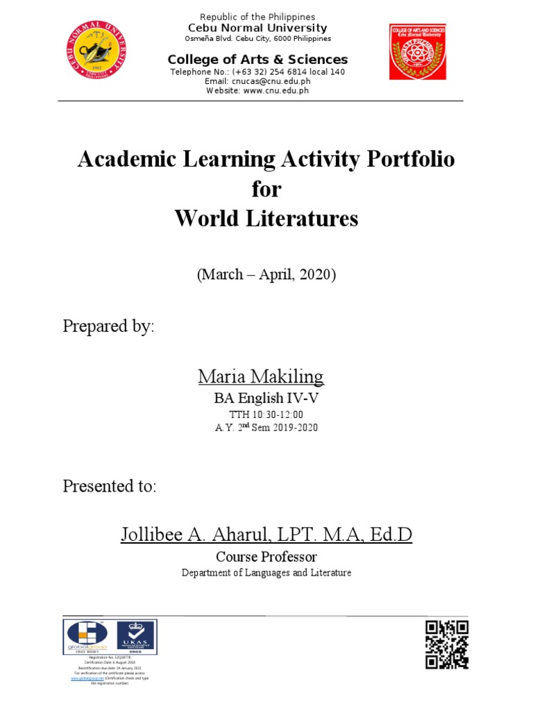 Cover Page and Paper Template For Learning Activity Portfolio | PDF
