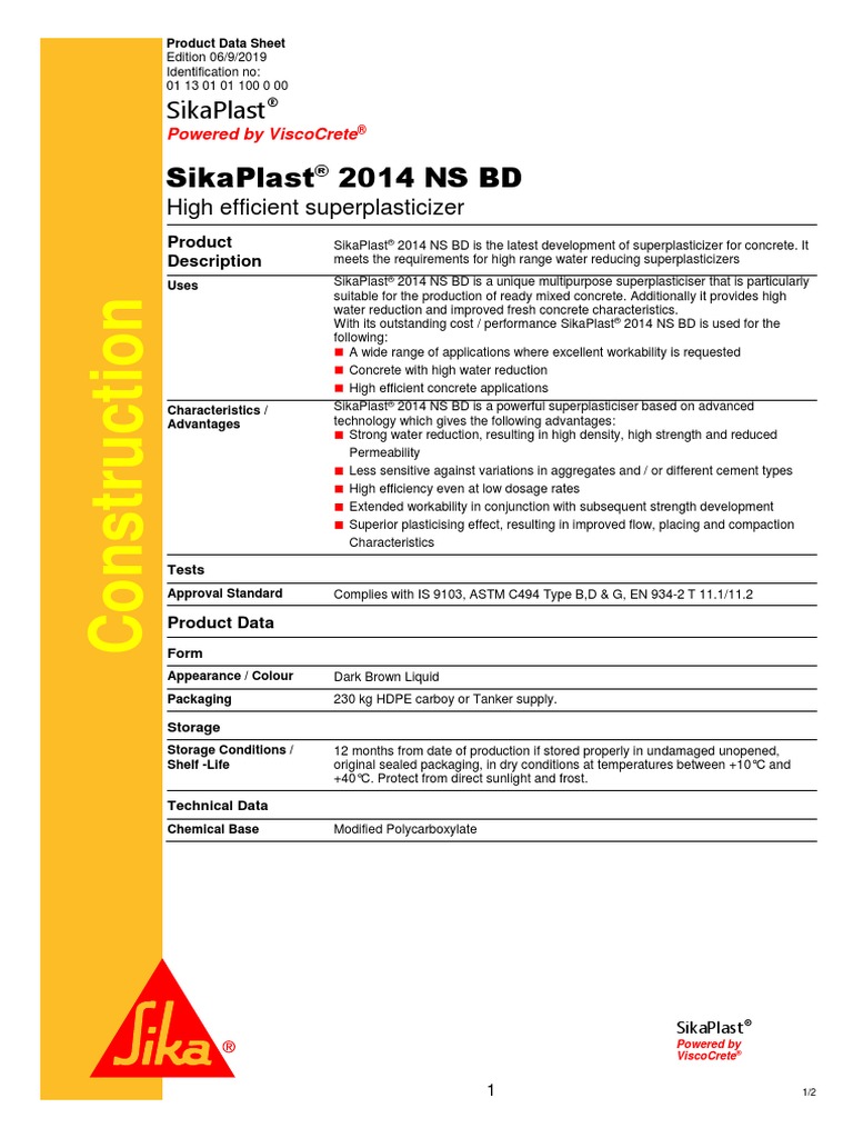 SikaPlast 2014 NS BD | PDF | Concrete | Water