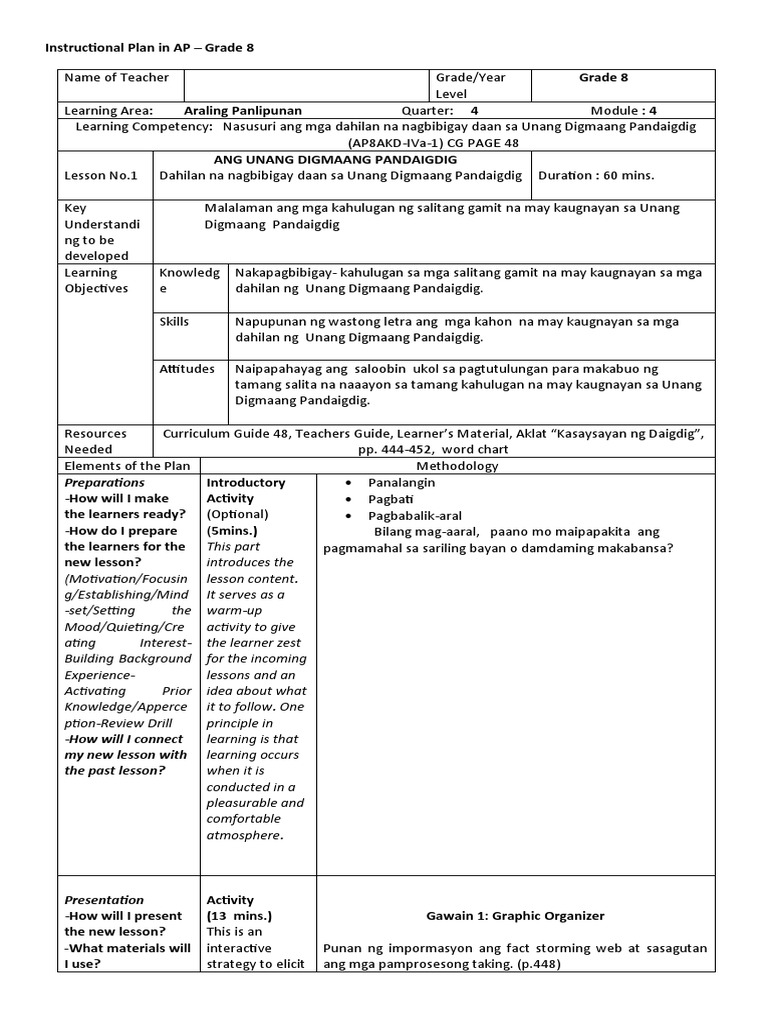 AP8 Instructional Plan | PDF | Learning | Communication