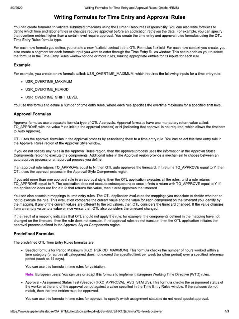 Writing Formulas For Time Entry and Approval Rules PDF | PDF