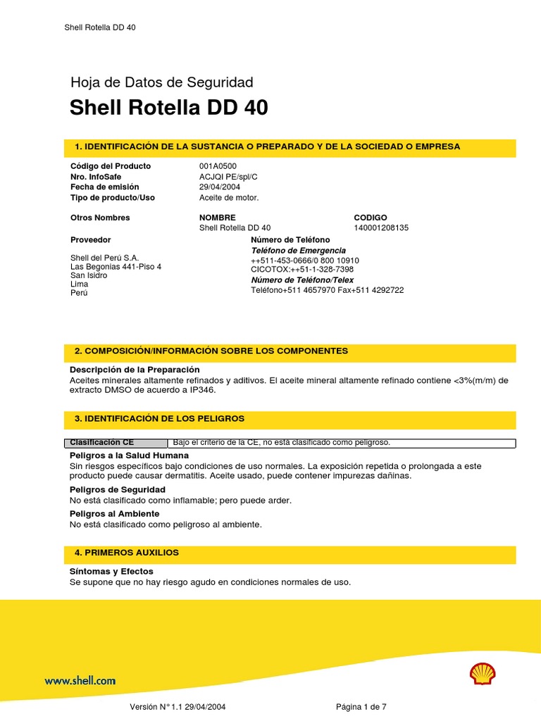 MSDS Aceite Shell Rotella DD-40 PDF | PDF | Petróleo | Agua