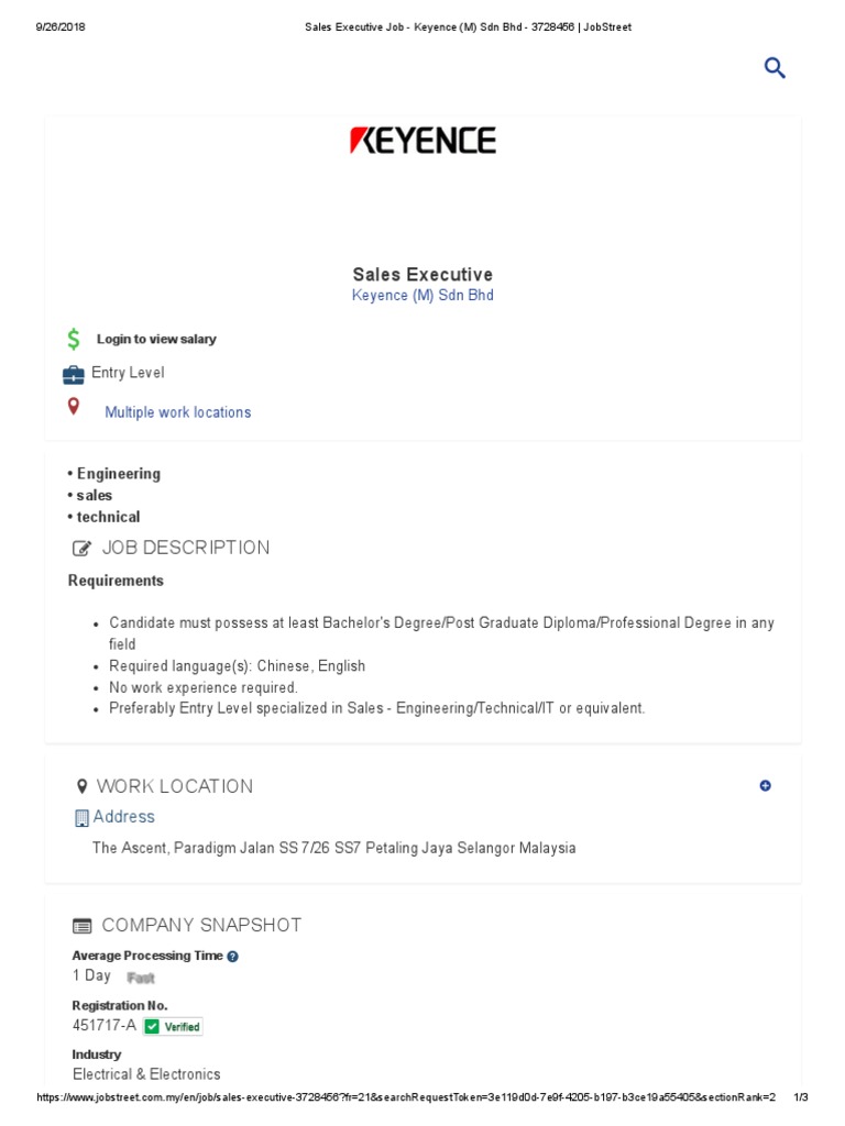 Sales Executive Job - Keyence (M) SDN BHD - 3728456 - JobStreet | PDF ...