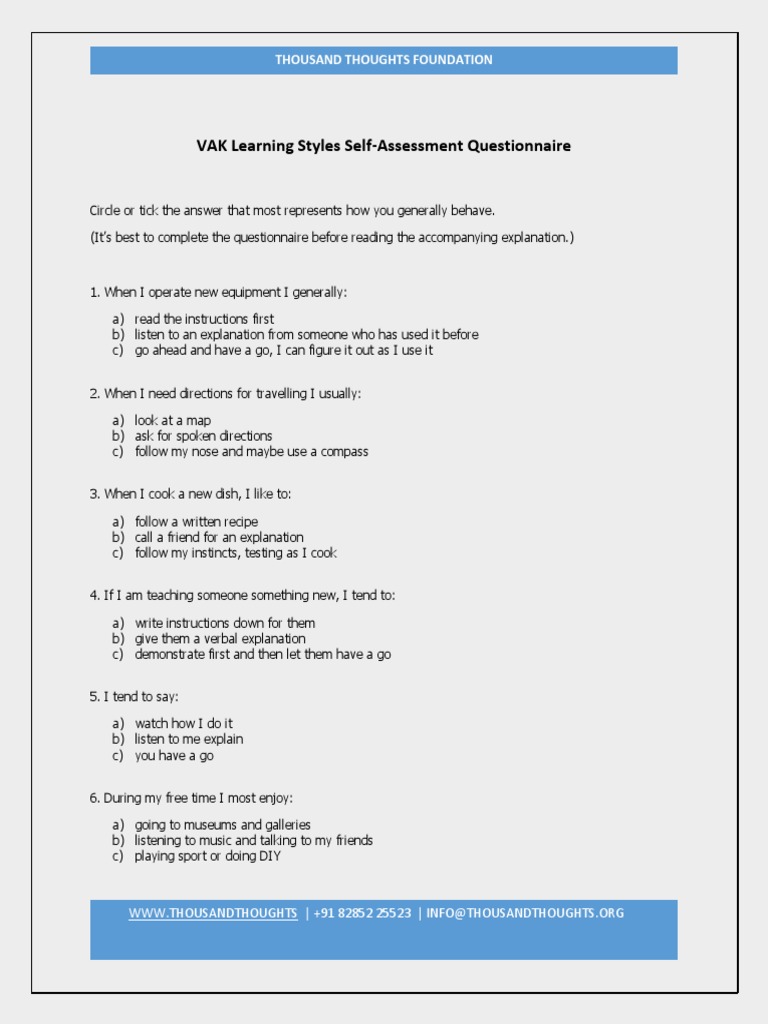 VAK QUESTIONNAIRE Thousand Thoughts | PDF