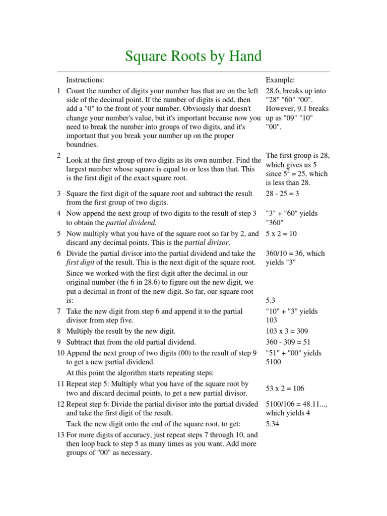 Square Roots by Hand PDF | PDF | Square Root | Numbers