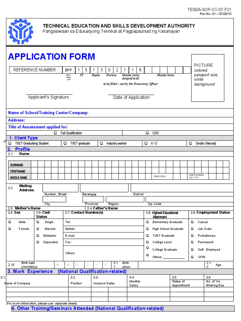 Application Form: Technical Education and Skills Development Authority ...