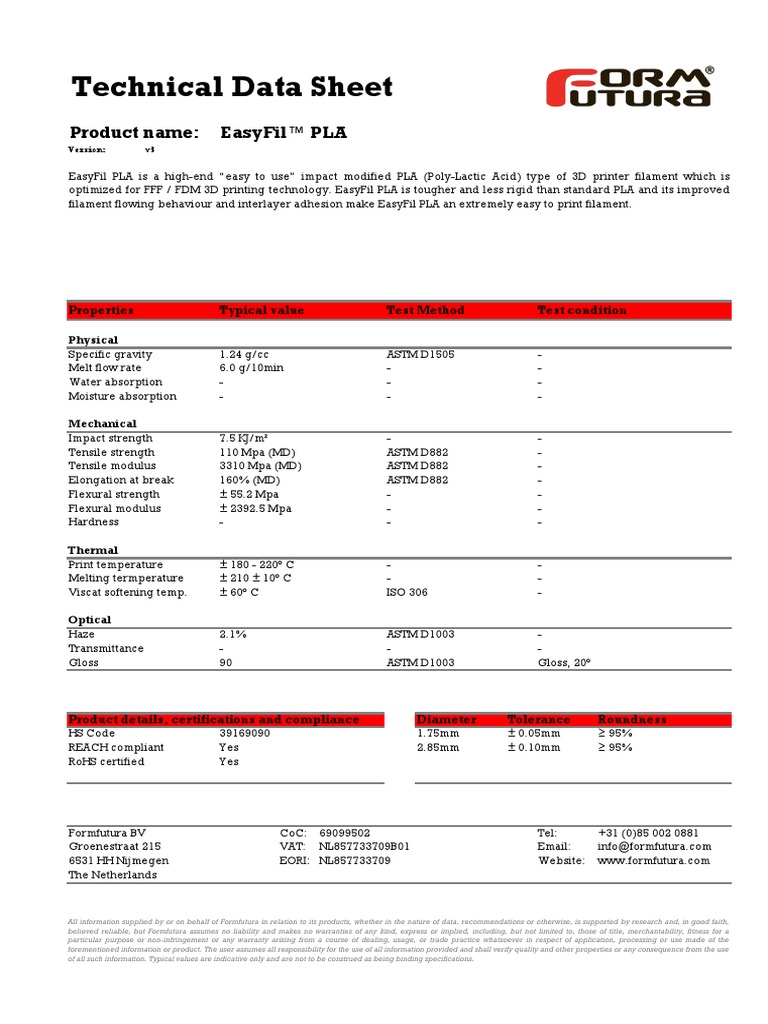 EasyFil PLA - TDS - Formfutura PDF | PDF | Materials Science | Chemistry