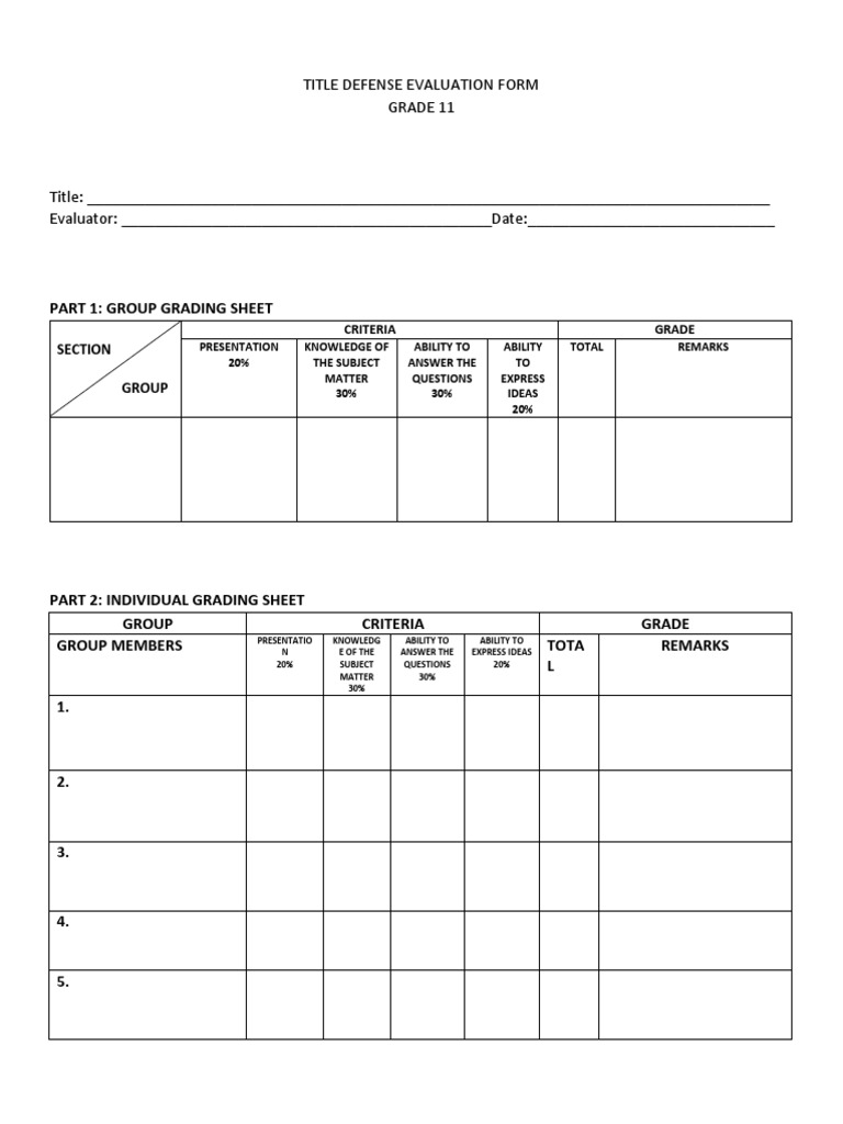 Title Defense Evaluation Form Grade 11: Part 1: Group Grading Sheet | PDF