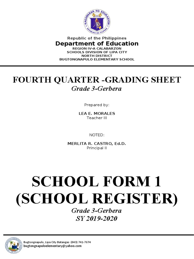 School Form 1 (School Register) : Fourth Quarter - Grading Sheet | PDF ...