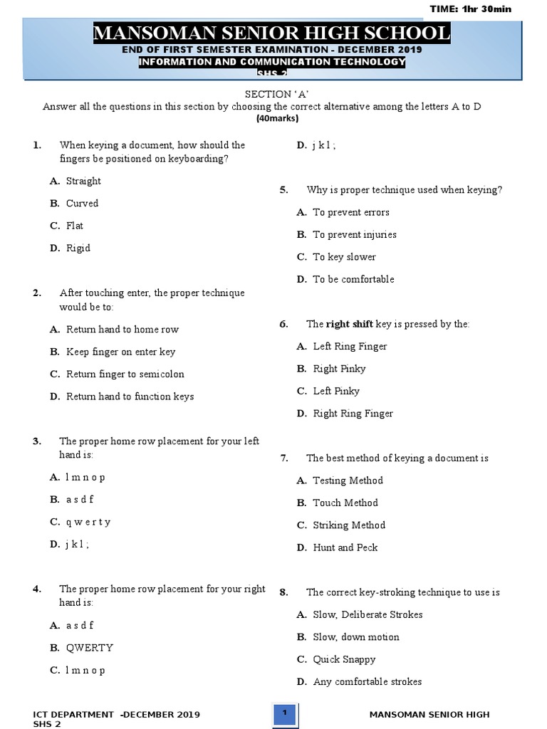 SHS 2 ICT DEC 2019 - Semester Exams | PDF | Text | Computing