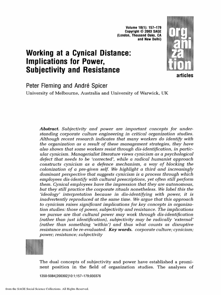 Working at A Cynical Distance - Implications For Power, Subjectivity ...