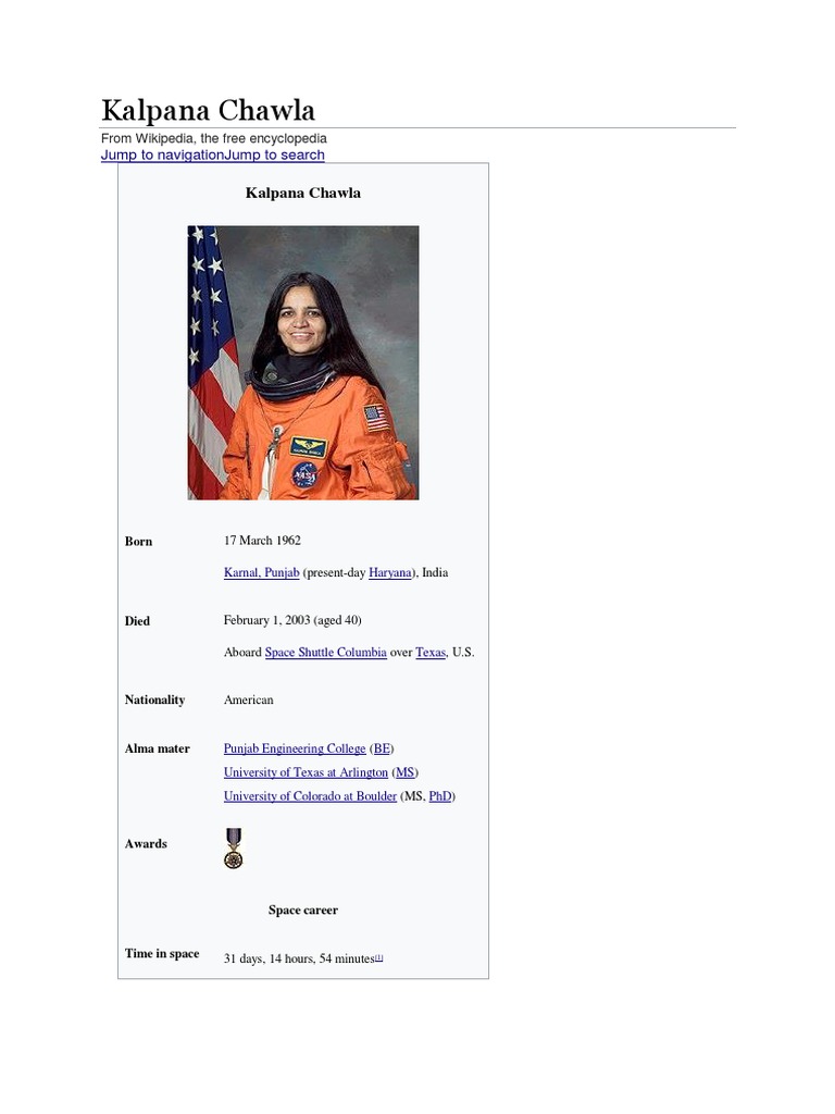 Kalpana Chawla PDF | PDF | Space Shuttle Columbia | Astronautics