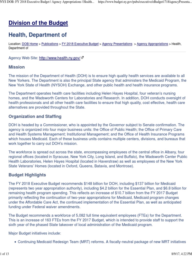 NYS DOB - Health Dept Budget 2018 Hightlights | PDF | Medicaid | Fund ...