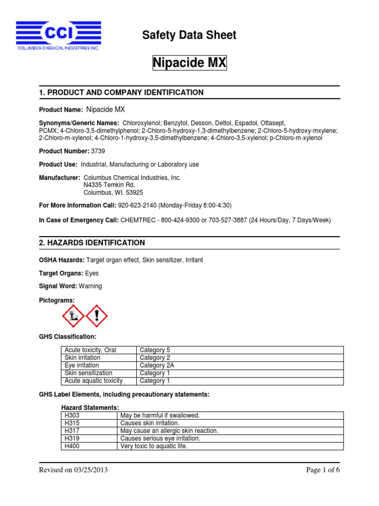Nipacide MX: Safety Data Sheet | PDF | Personal Protective Equipment ...
