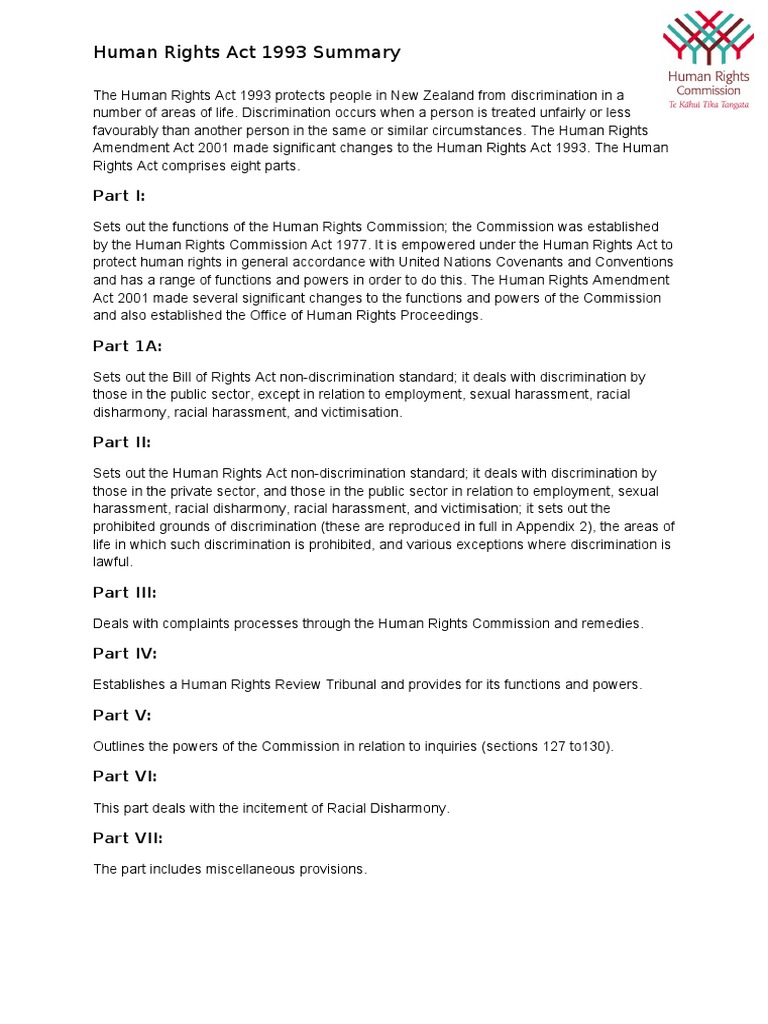 Human Rights Act 1993 Summary | PDF
