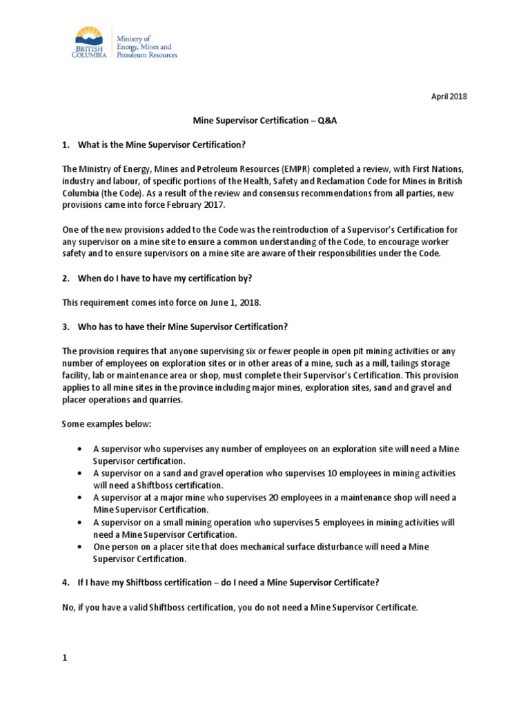 Mine Supervisor Certification Overview | PDF | Certification | Mining