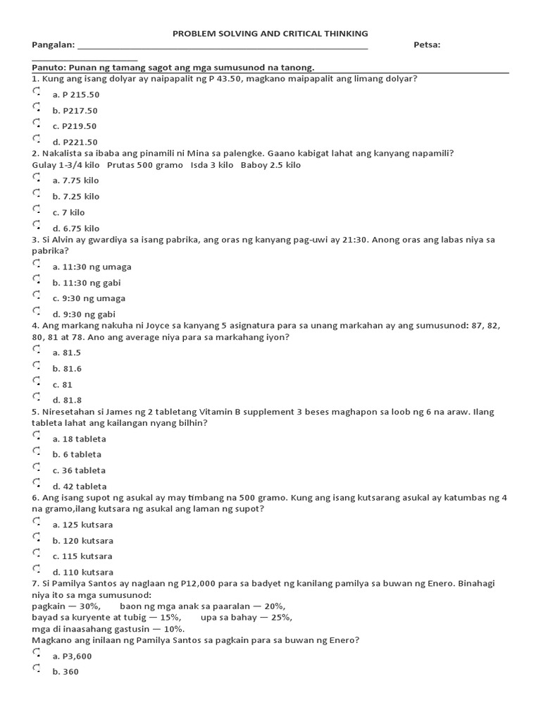 Sample Review Test Problem Solving and Critical Thinking | PDF