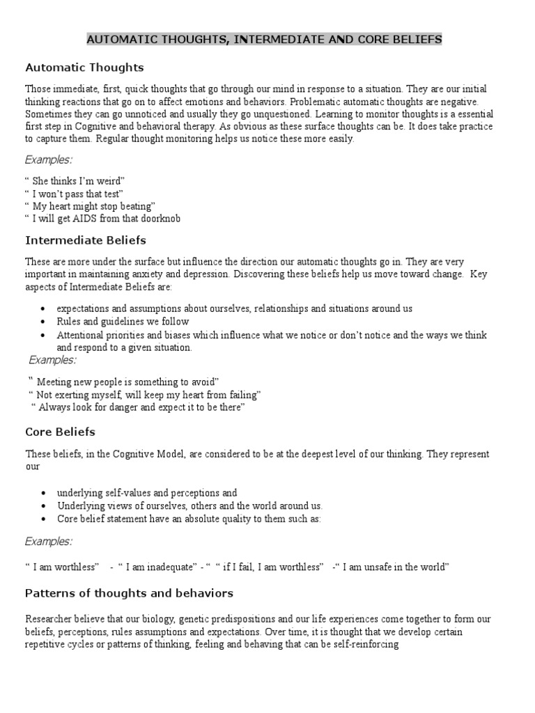 Automatic Thoughts, Intermediate and Core Beliefs Automatic Thoughts | PDF