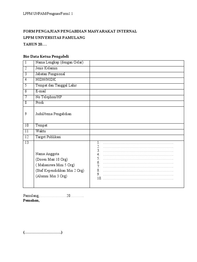Form Pengajuan Pengabdian Masyarakat 1.1 | PDF