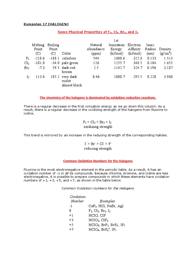 Halogen Properties and Reactions Overview | PDF | Chlorine | Nitrogen