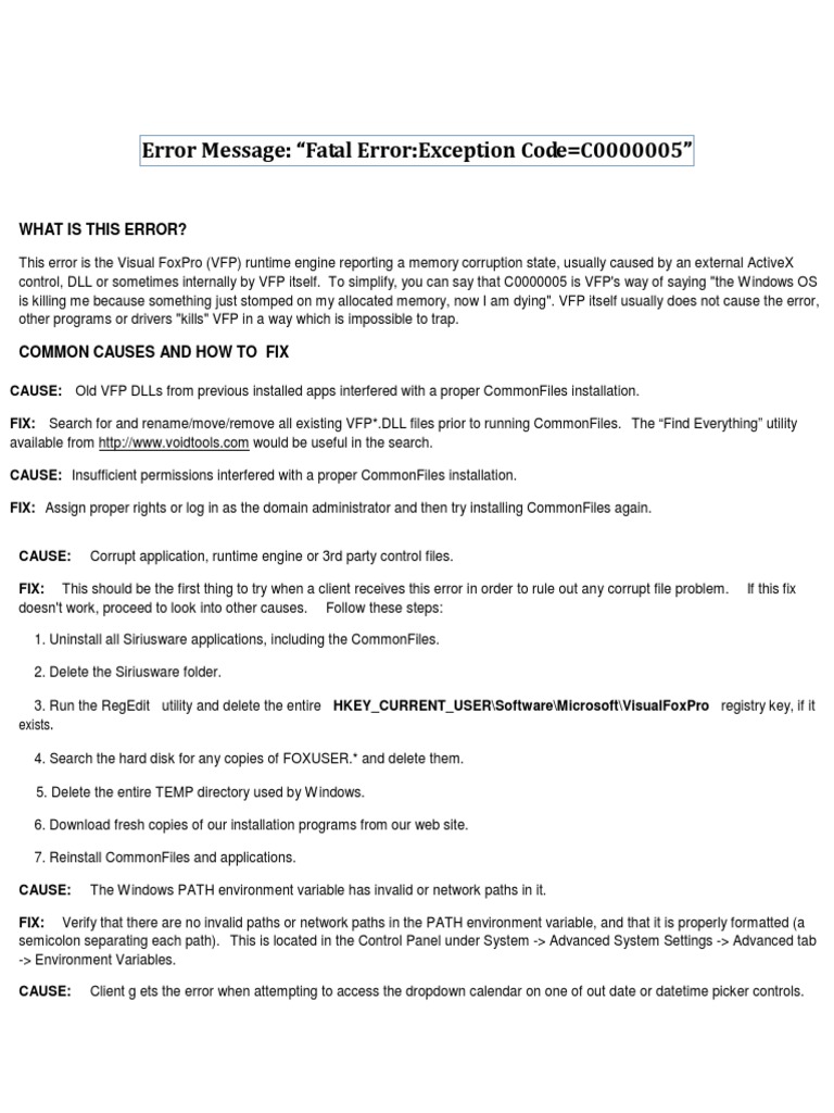 Error Message: "Fatal Error:Exception Code C0000005": What Is This Error? | PDF | Microsoft ...