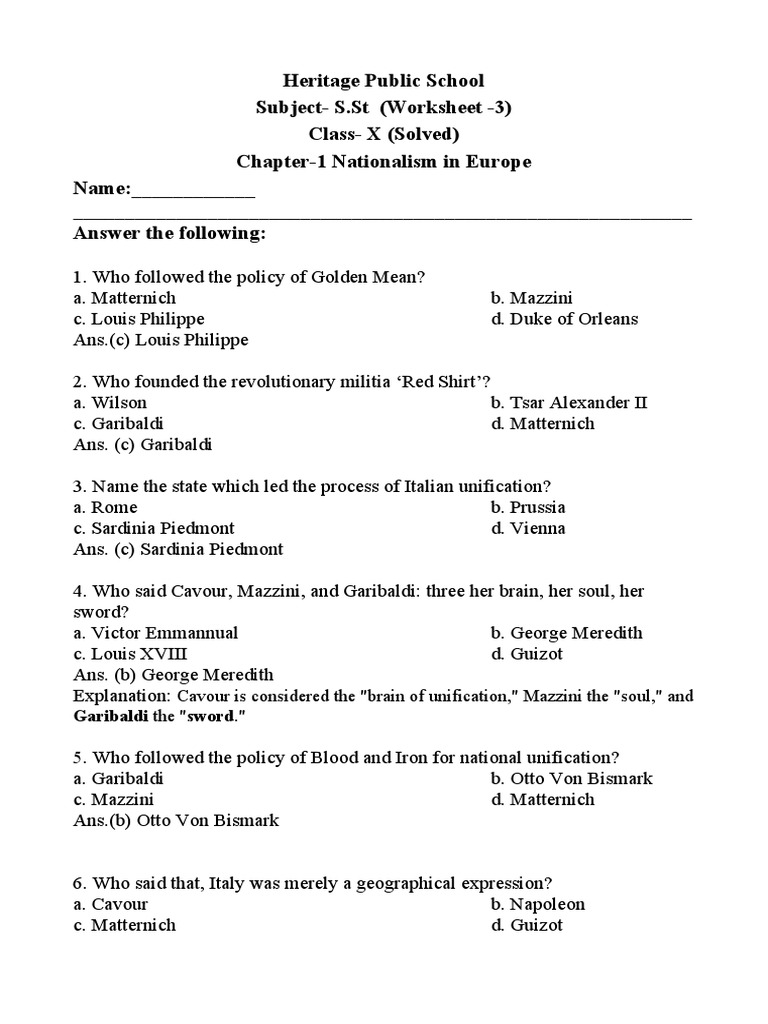 Class 10 Worksheet 3 Ch-1 (Solved) | PDF | Europe Travel | Unrest