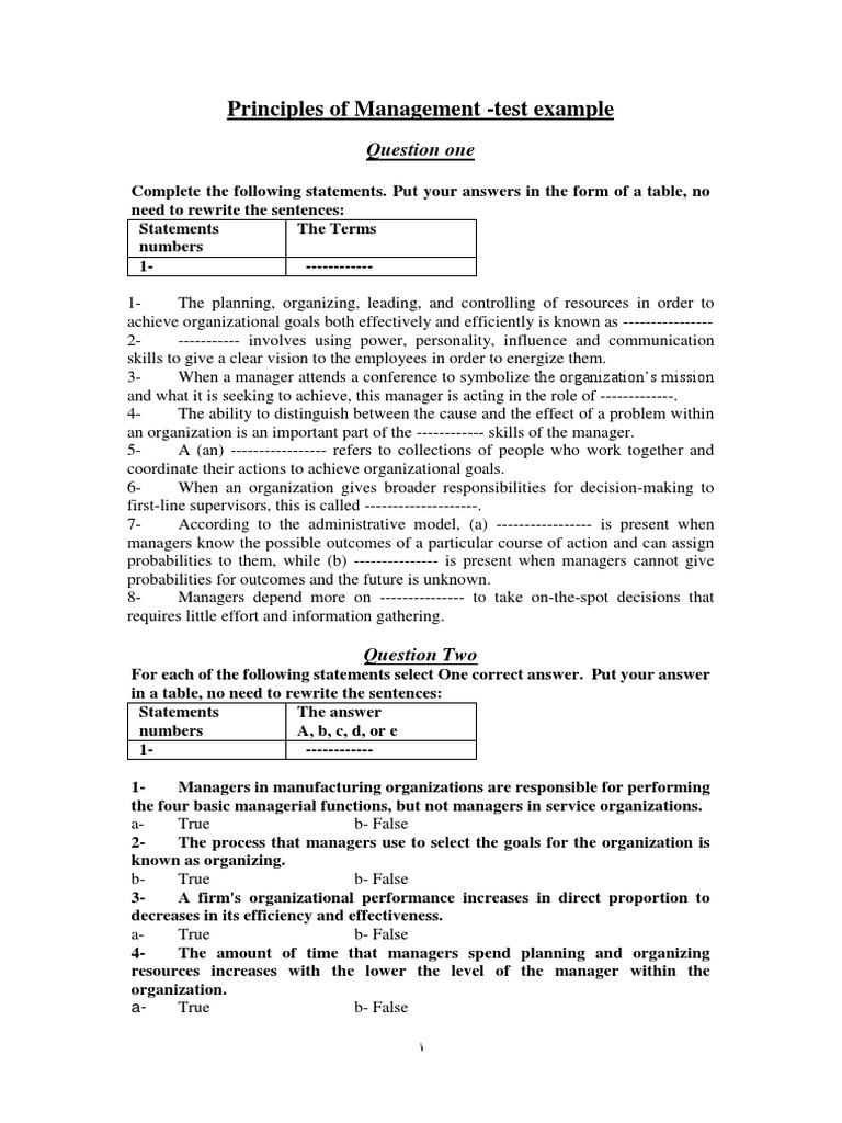 Principles of Management - Test Example: Question One | PDF | Goal ...