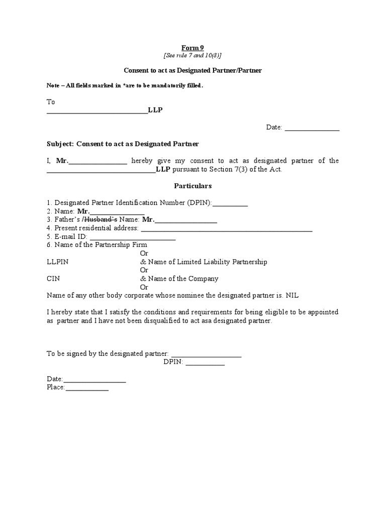 Form 9 - Consent To Act As DP | PDF