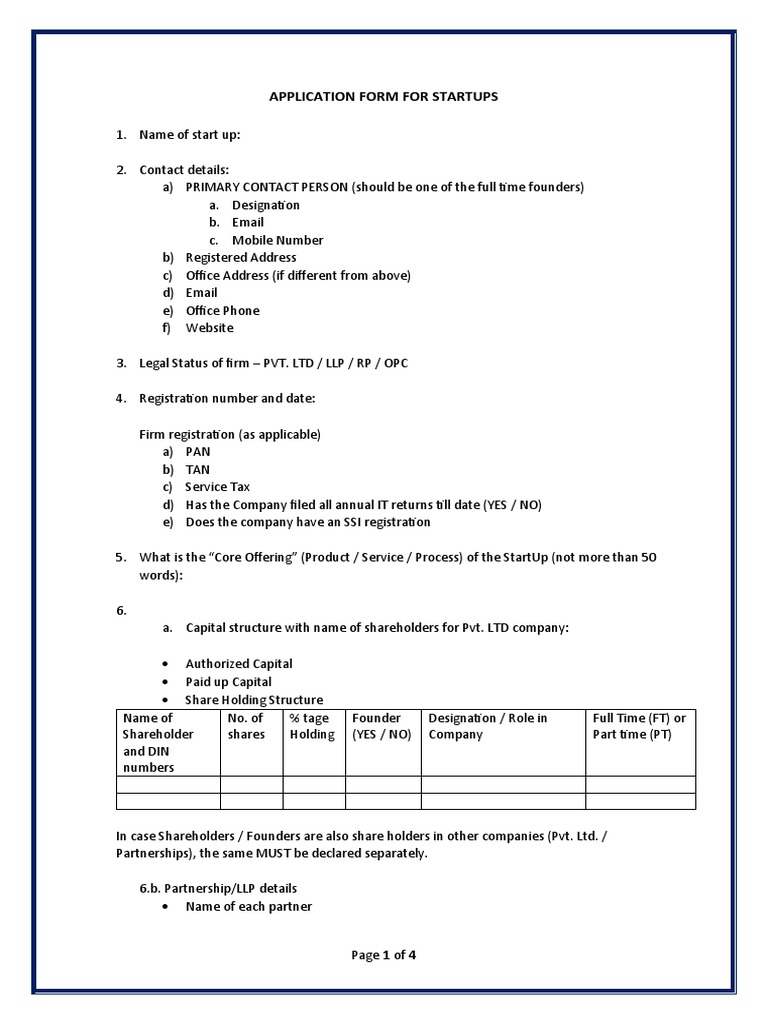 Application Form Startup India Initiative For Website | PDF | Startup ...