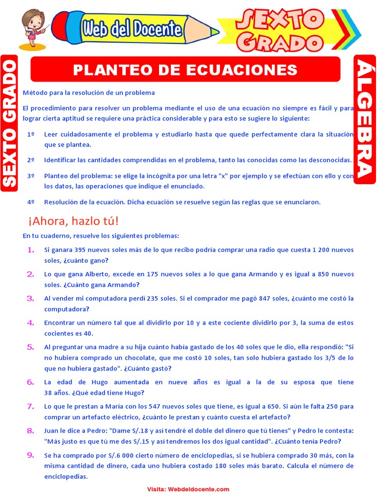 Planteando Ecuaciones para Sexto Grado de Primaria PDF | PDF ...